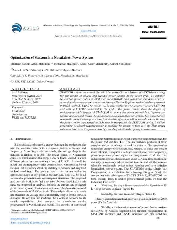 (PDF) Optimizing STATCOM for Nouakchott Power System 2030