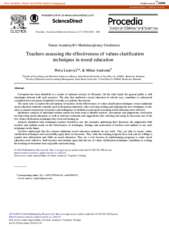 (PDF) Teachers Assessing the Effectiveness of Values Clarification Techniques in Moral Education