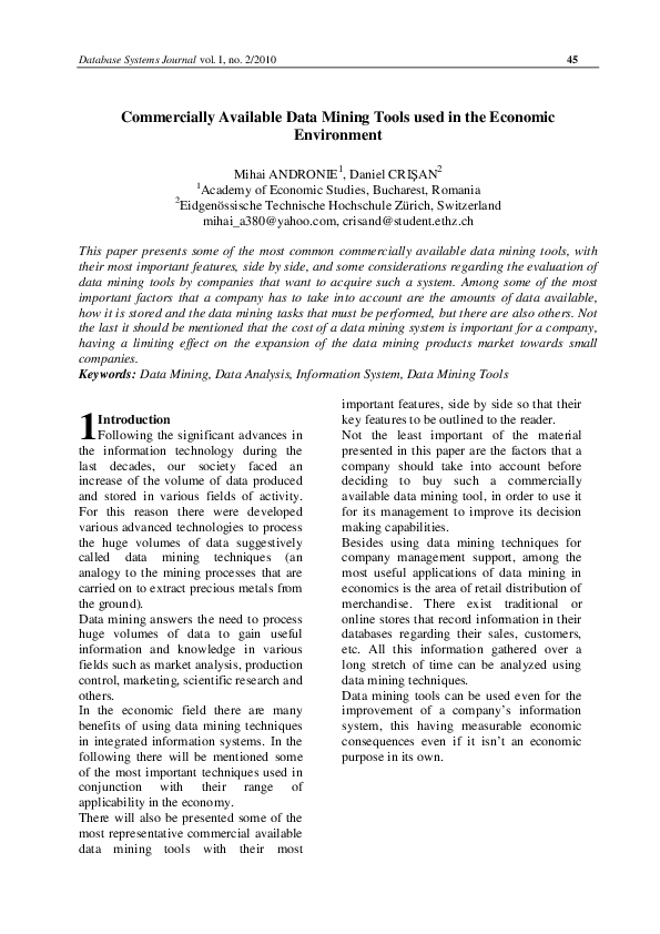 (PDF) Commercially Available Data Mining Tools used in the Economic Environment