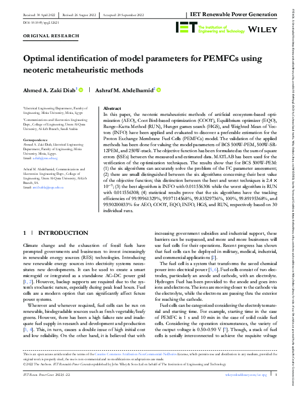 Pdf Optimal Identification Of Model Parameters For Pemfcs Using Neoteric Metaheuristic Methods