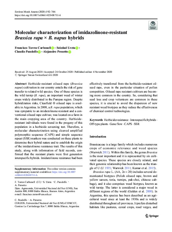 (PDF) Molecular characterization of imidazolinone-resistant Brassica rapa × B. napus hybrids ...