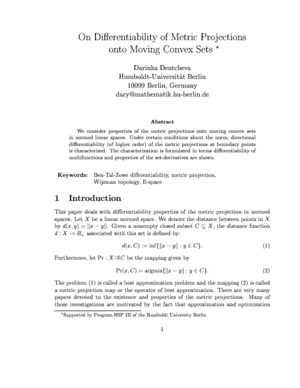 (PDF) On Differentiability of Metric Projections onto Moving Convex Sets