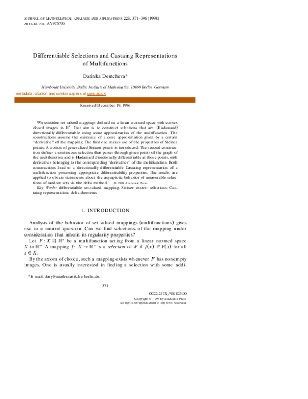 (PDF) Differentiable Selections and Castaing Representations of Multifunctions