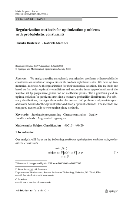 (PDF) Regularization methods for optimization problems with probabilistic constraints