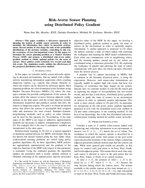 Pdf Risk Averse Sensor Planning Using Distributed Policy Gradient