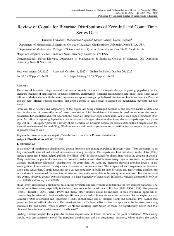 Pdf Review Of Copula For Bivariate Distributions Of Zero Inflated Count Time Series Data 