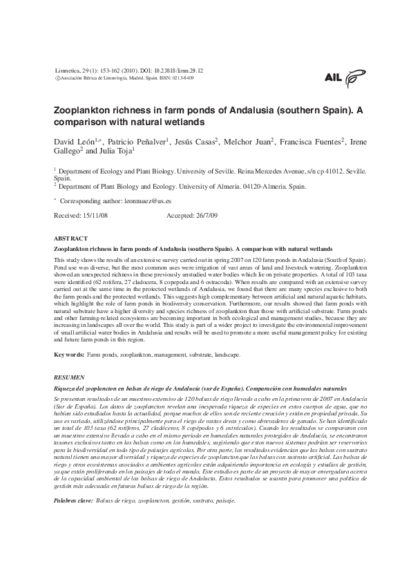 (PDF) Zooplankton richness in farm ponds of Andalusia (southern Spain ...