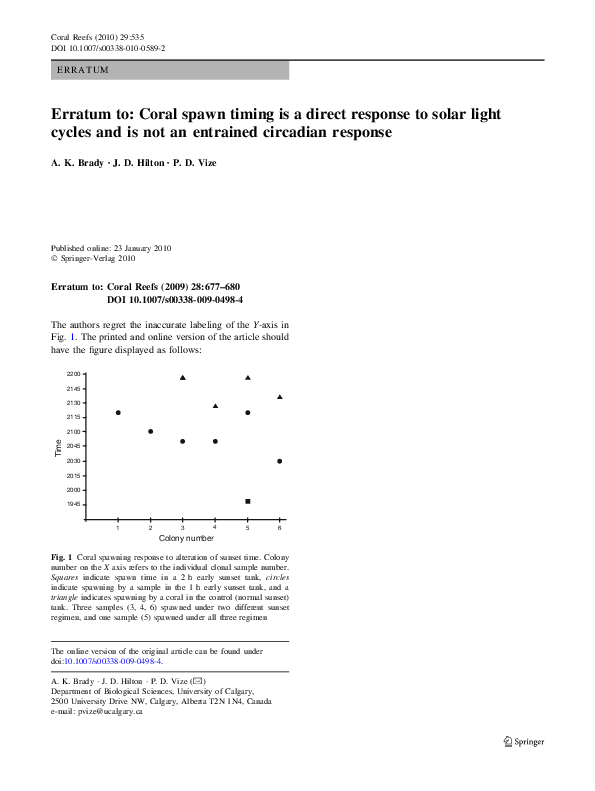 (PDF) Erratum to: Coral spawn timing is a direct response to solar ...