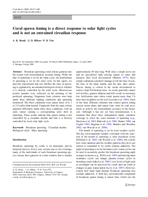(PDF) Coral spawn timing is a direct response to solar light cycles and ...