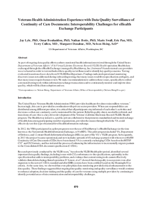 (PDF) Veterans Health Administration Experience with Data Quality ...