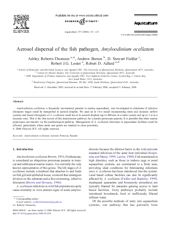 (PDF) Aerosol dispersal of the fish pathogen, Amyloodinium ocellatum