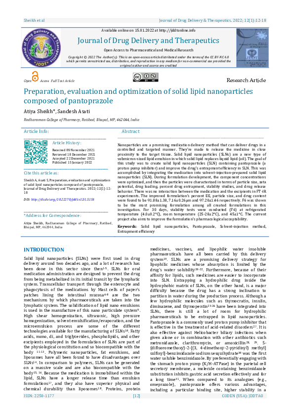 (PDF) Preparation, evaluation and optimization of solid lipid ...