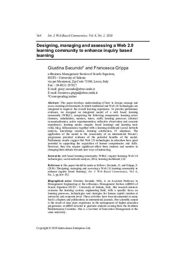 (PDF) Designing, managing and assessing a Web 2.0 learning community to enhance inquiry based ...