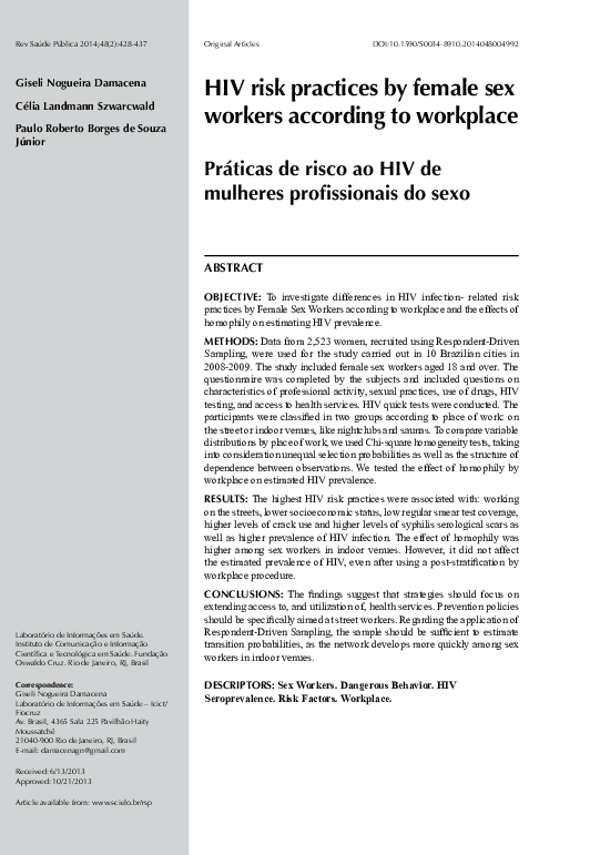 Pdf Hiv Risk Practices By Female Sex Workers According To Workplace