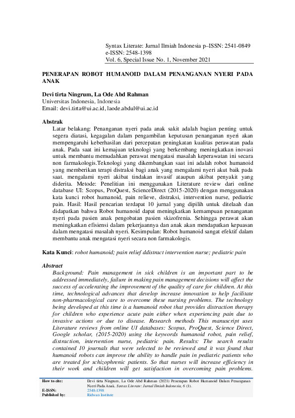 (PDF) Penerapan Robot Humanoid Dalam Penanganan Nyeri Pada Anak