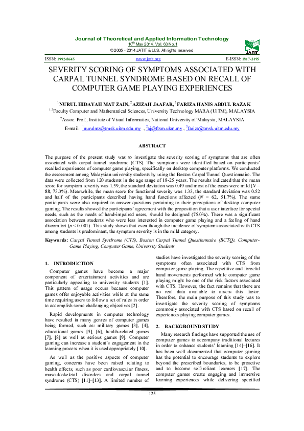 (PDF) Severity Scoring of Symptoms Associated with Carpal Tunnel Syndrome Based on Recall of ...