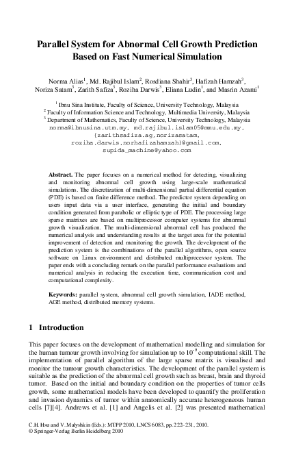 Pdf Parallel System For Abnormal Cell Growth Prediction Based On Fast Numerical Simulation