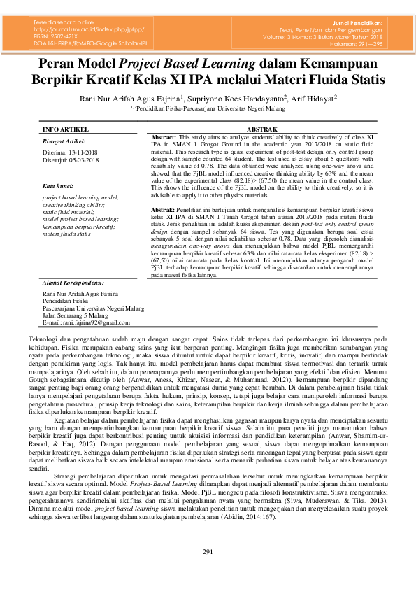 (PDF) Peran Model Project Based Learning dalam Kemampuan Berpikir Kreatif Kelas XI IPA melalui ...
