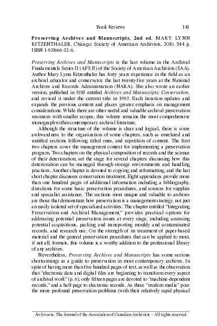 (PDF) MARY LYNN RITZENTHALER, Preserving Archives and Manuscripts, 2nd ed