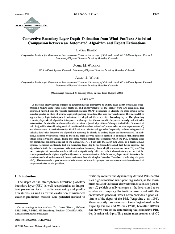 Pdf Convective Boundary Layer Depth Estimation From Wind Profilers Statistical Comparison