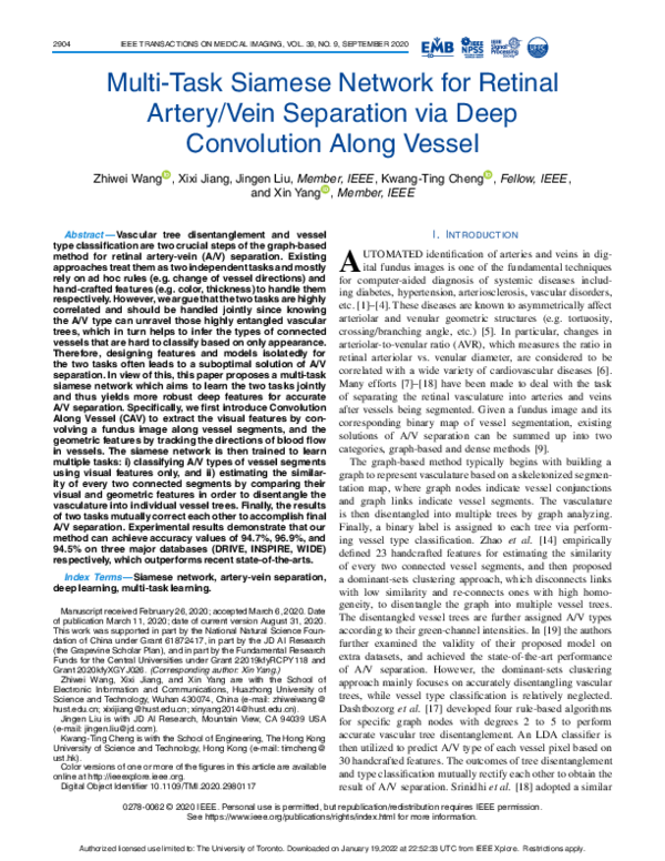 (PDF) Multi-Task Siamese Network for Retinal Artery/Vein Separation via Deep Convolution Along ...