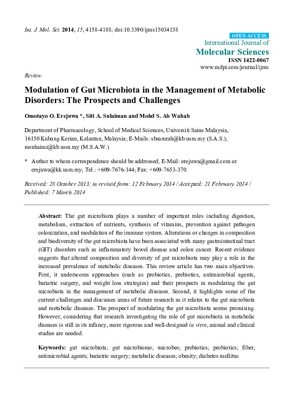 (PDF) Modulation of Gut Microbiota in the Management of Metabolic Disorders: The Prospects and ...