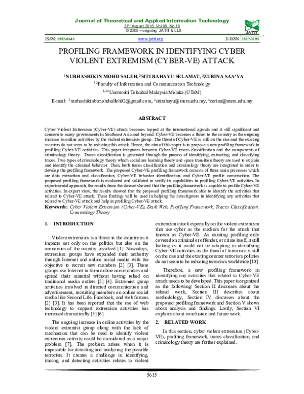 (PDF) Profiling Framework in Identifying Cyber Violent Extremism ( Cyber-Ve ) Attack