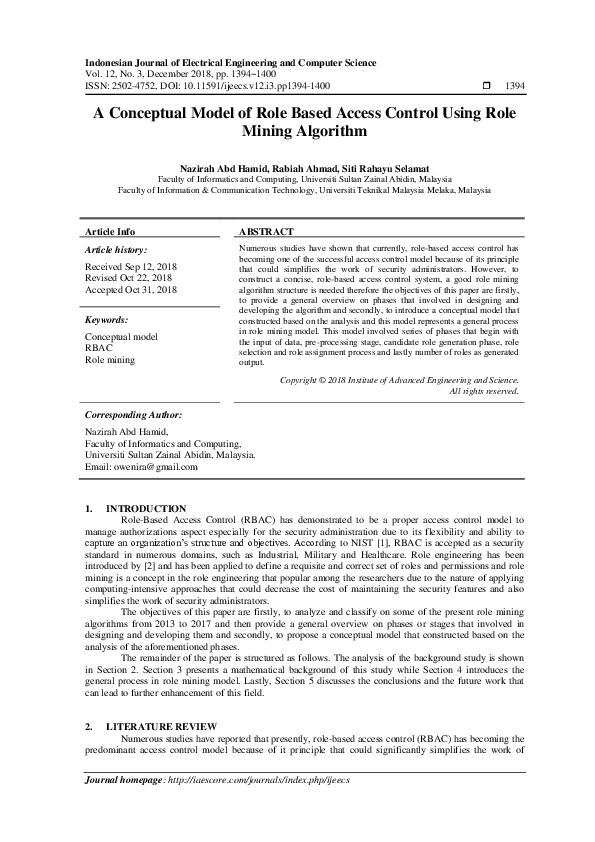 Pdf A Conceptual Model Of Role Based Access Control Using Role Mining Algorithm 1949