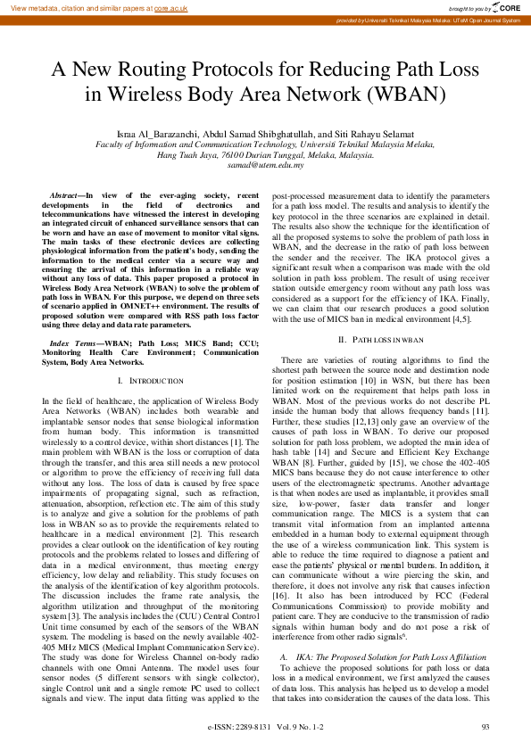 (PDF) A New Routing Protocols for Reducing Path Loss in Wireless Body Area Network (WBAN)