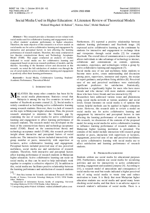 (PDF) Social Media Used in Higher Education: A Literature Review of Theoretical Models