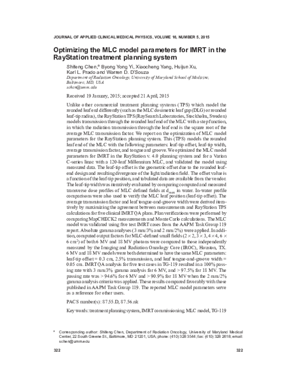 Pdf Optimizing The Mlc Model Parameters For Imrt In The Raystation