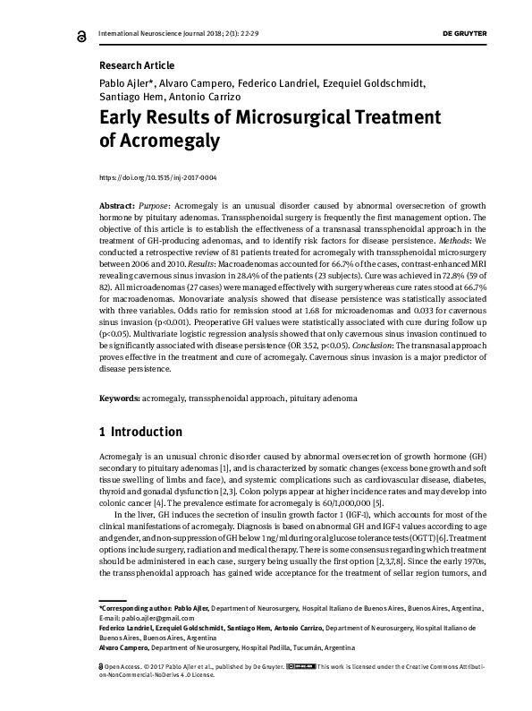 (PDF) Early Results of Microsurgical Treatment of Acromegaly