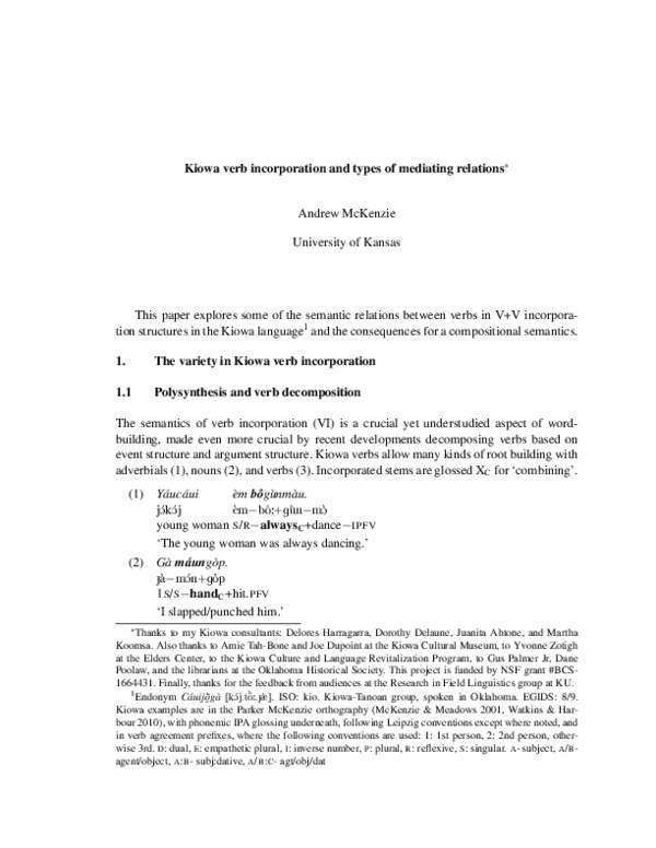 (PDF) Kiowa verb incorporation and types of mediating relations