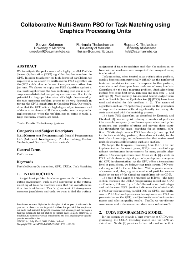 Pdf Collaborative Multi Swarm Pso For Task Matching Using Graphics Processing Units Ruppa 