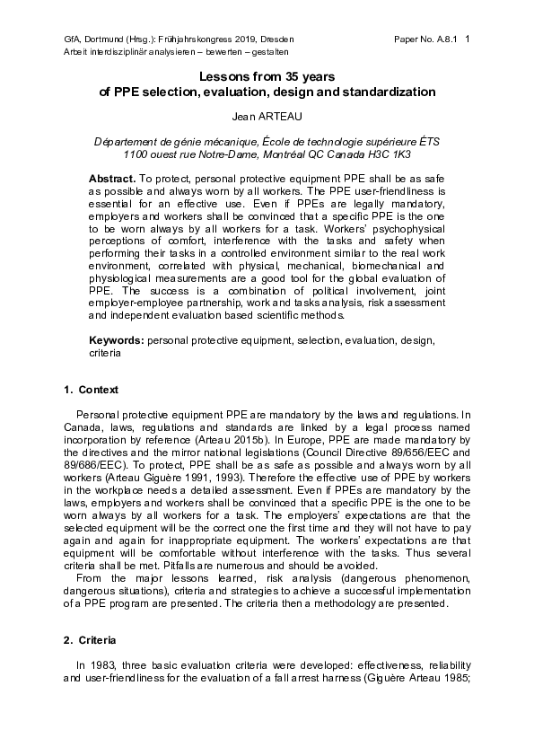 (PDF) Lessons from 35 years of PPE selection, evaluation, design and standardization