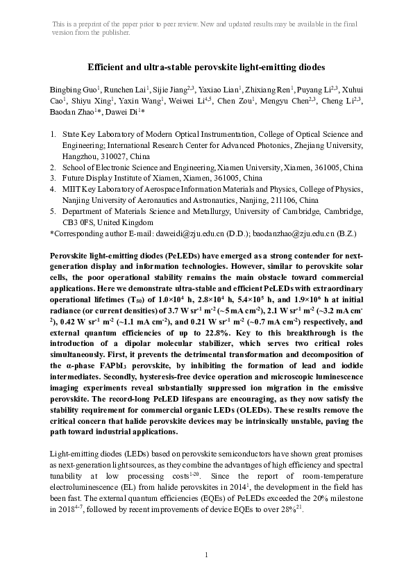 (PDF) Ultrastable near-infrared perovskite light-emitting diodes