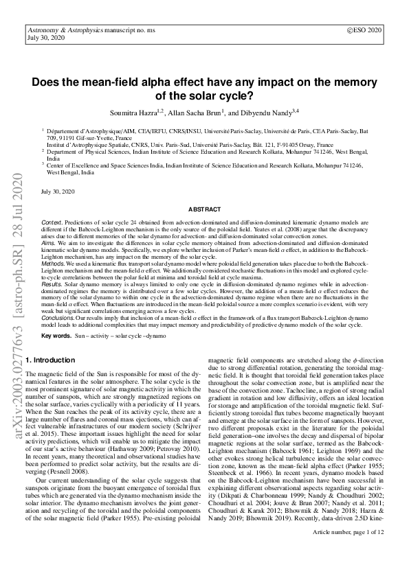 (PDF) Mean-Field Alpha Effect impacts Memory of the Solar Cycle