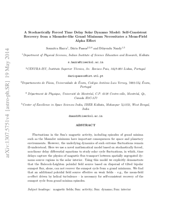 (PDF) A Stochastically Forced Time Delay Solar Dynamo Model: Self-consistent Recovery from a ...
