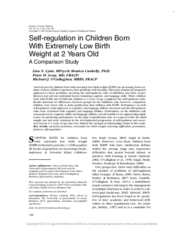 (PDF) Self-regulation in Children Born With Extremely Low Birth Weight ...