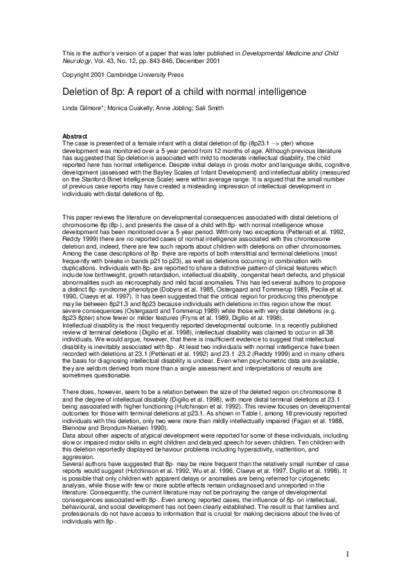 (PDF) Deletion of 8p: a report of a child with normal intelligence ...
