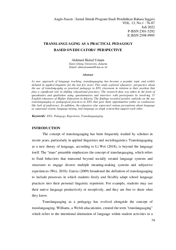 (PDF) Translanguaging as a Practical Pedagogy Based on Educators’ Perspective | akhmad hairul ...
