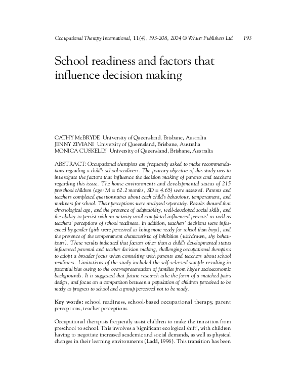 (PDF) School readiness and factors that influence decision making
