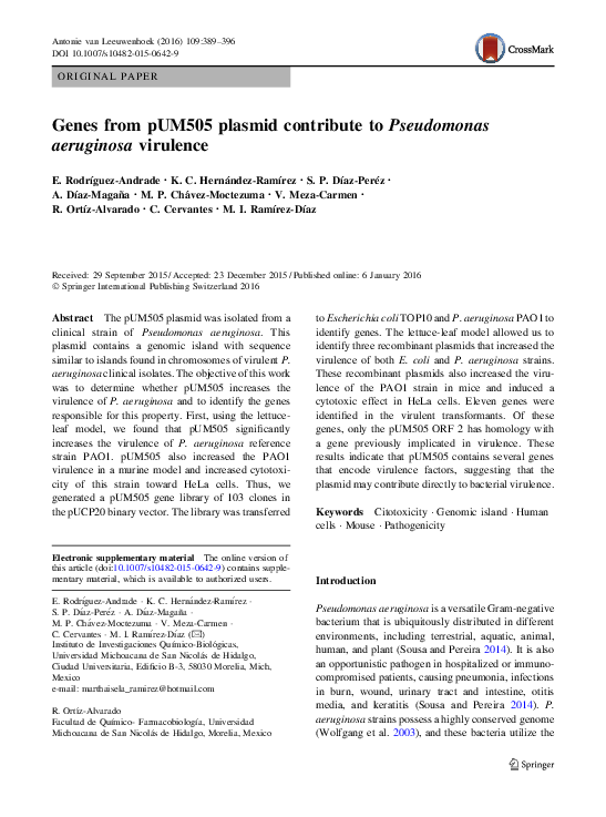 (PDF) Genes from pUM505 plasmid contribute to Pseudomonas aeruginosa virulence