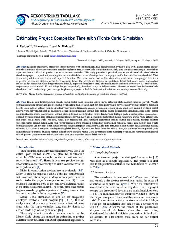 (PDF) Estimating Project Completion Time with Monte Carlo Simulation