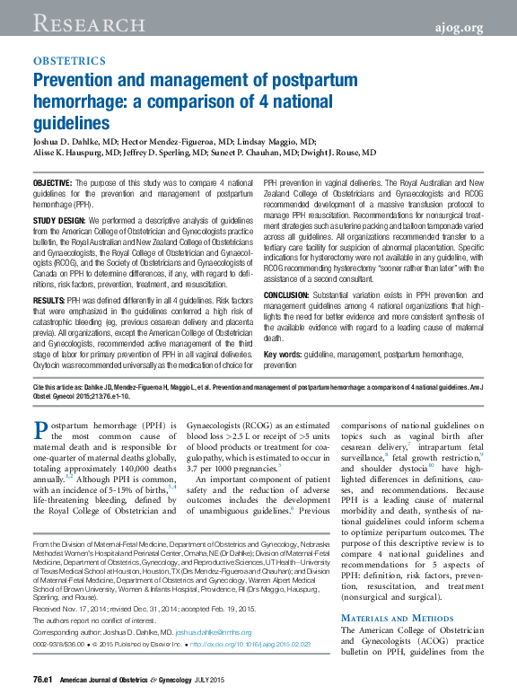 (PDF) Prevention and management of postpartum hemorrhage: a comparison ...
