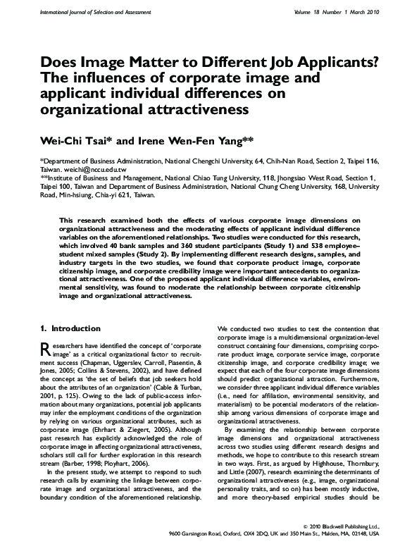 (PDF) Does Image Matter to Different Job Applicants? The influences of corporate image and ...