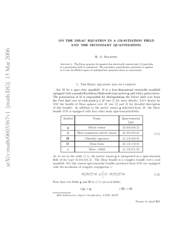 Pdf On The Dirac Equation In A Gravitation Field And The Secondary Quantization
