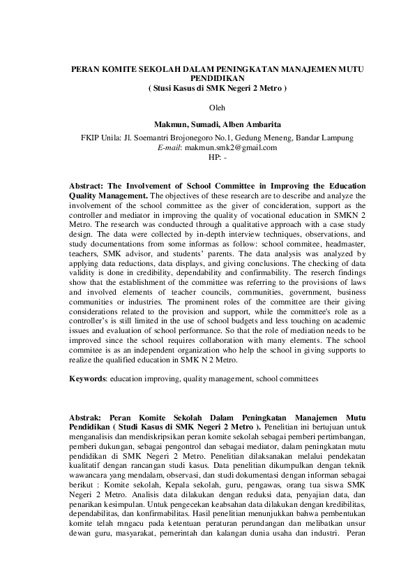 Pdf Peran Komite Sekolah Dalam Peningkatan Manajemen Mutu Pendidikan