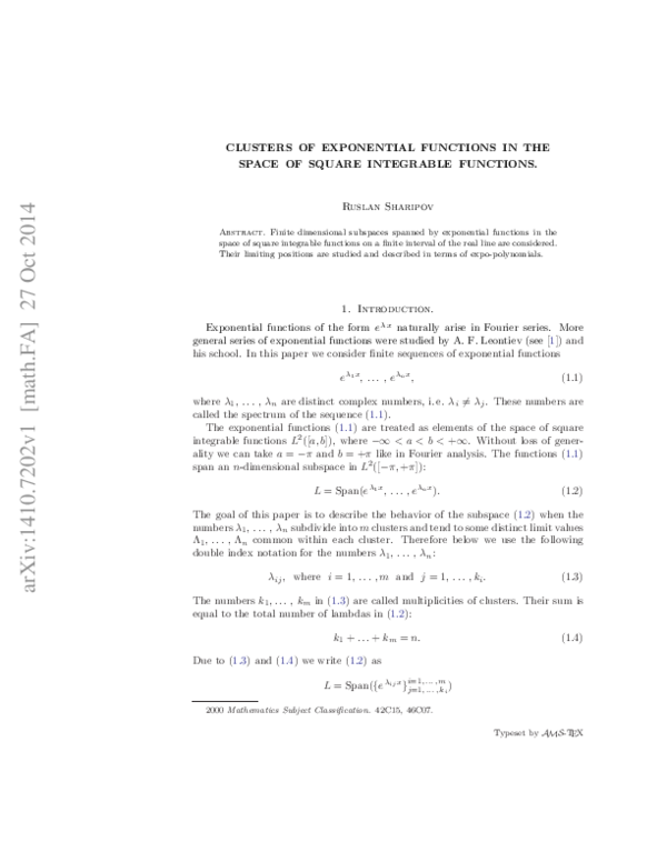 Pdf Clusters Of Exponential Functions In The Space Of Square