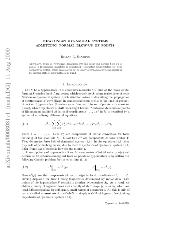 (PDF) Newtonian Dynamical Systems Admitting Normal Blow-Up of Points | Ruslan Sharipov ...
